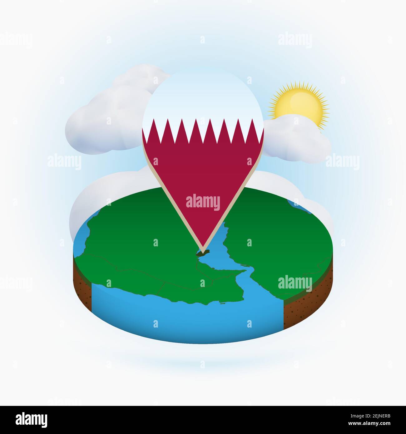 Isometric round map of Qatar and point marker with flag of Qatar. Cloud ...