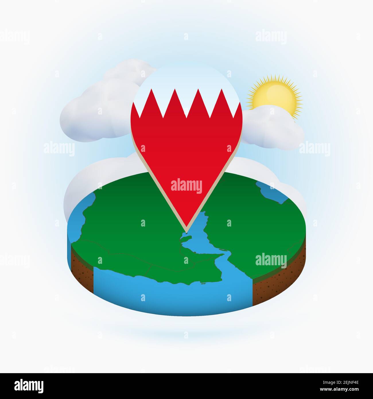 Isometric round map of Bahrain and point marker with flag of Bahrain ...