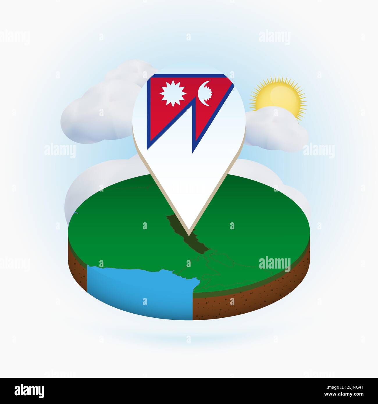 Isometric round map of Nepal and point marker with flag of Nepal. Cloud ...