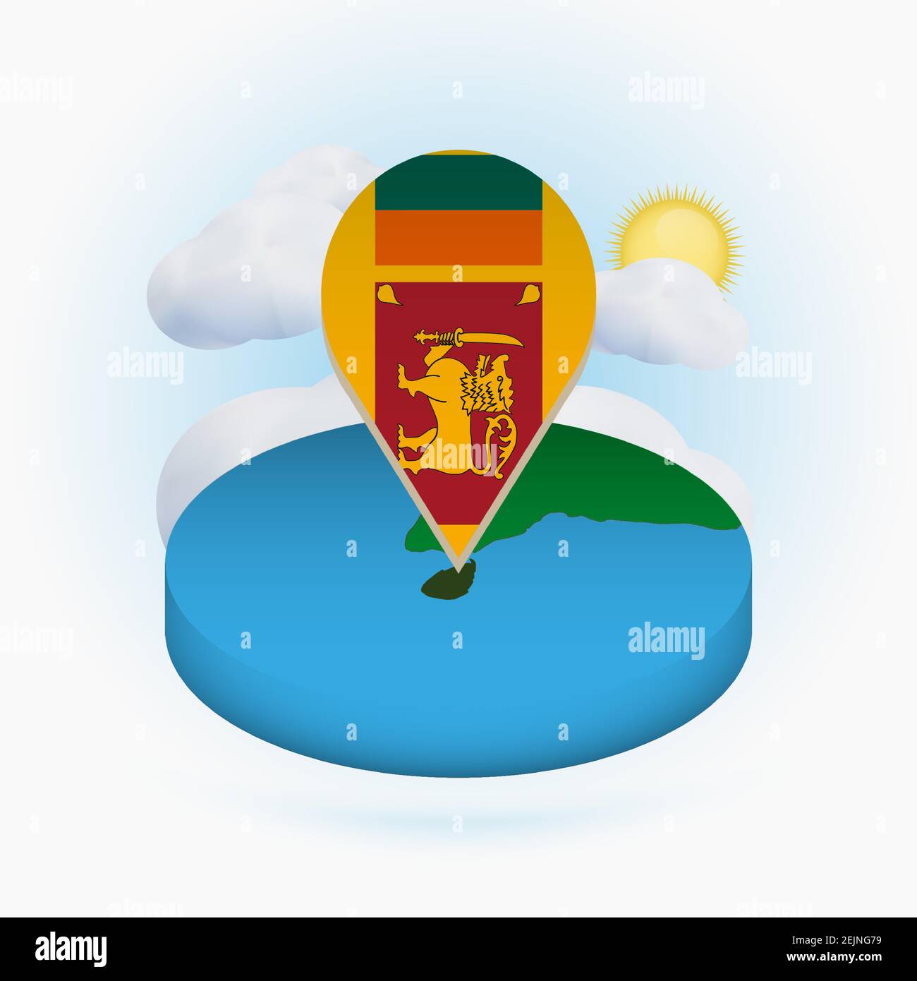 Isometric round map of Sri Lanka and point marker with flag of Sri ...