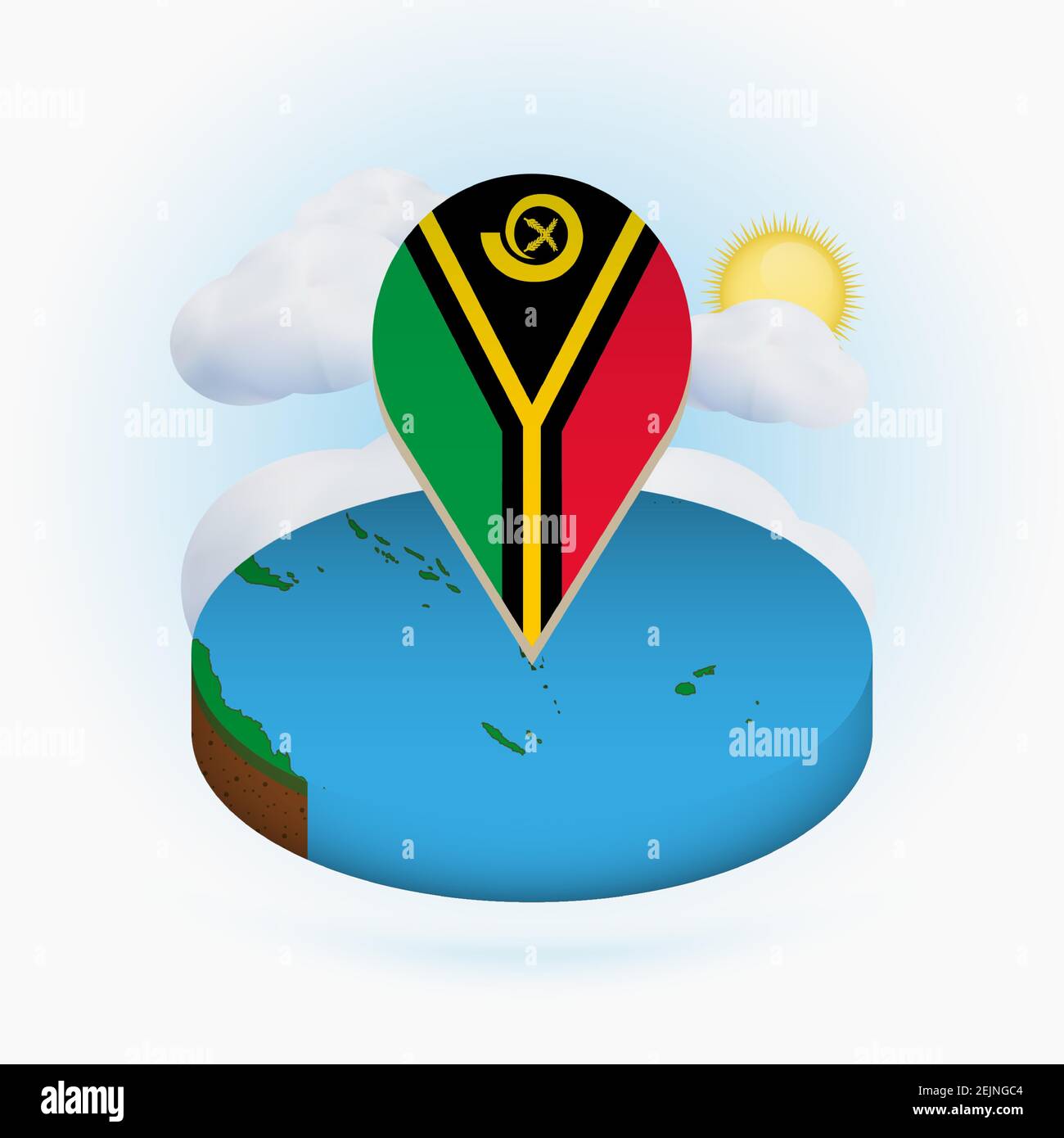 Isometric round map of Vanuatu and point marker with flag of Vanuatu ...