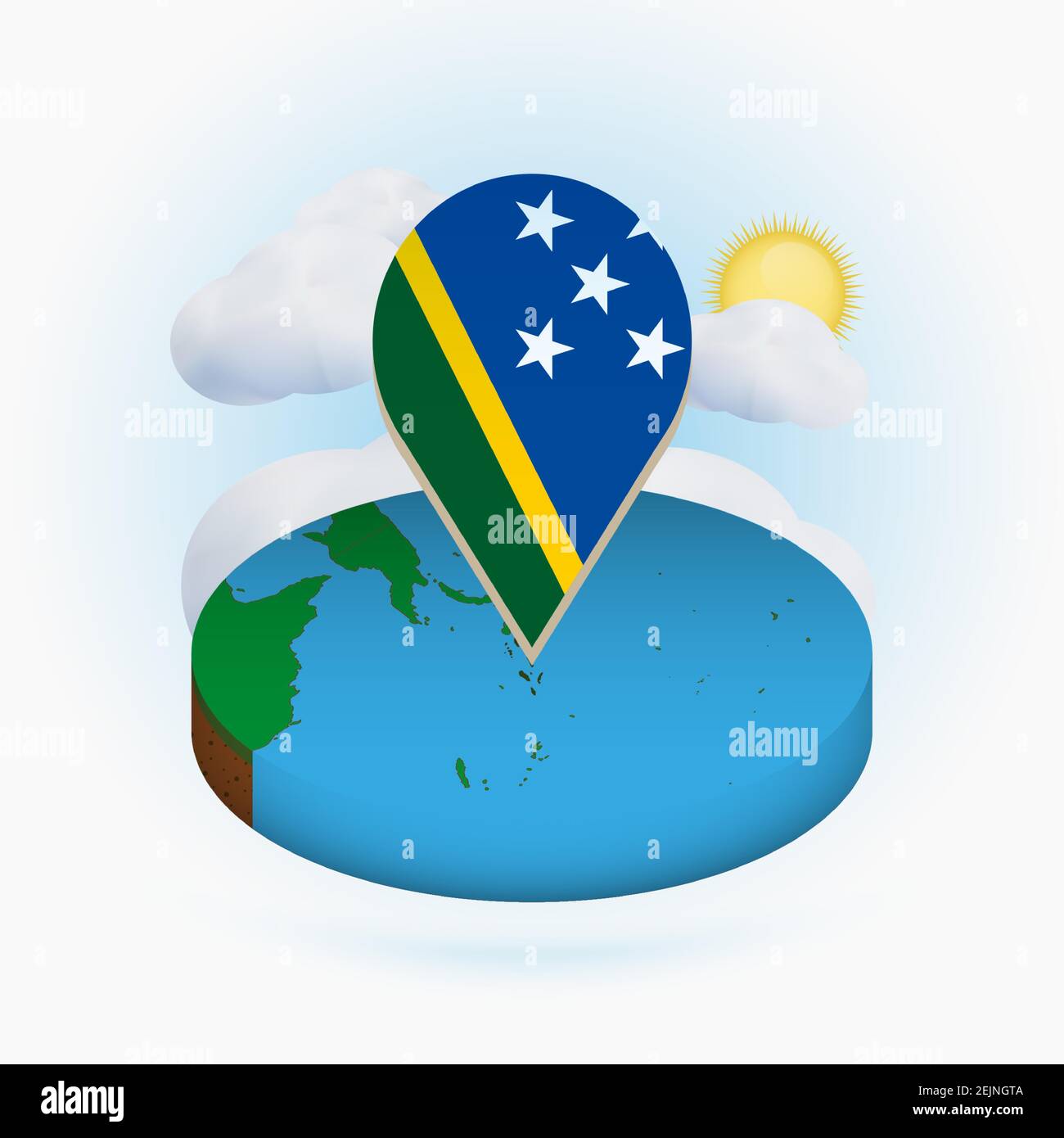 Isometric round map of Solomon Islands and point marker with flag of ...