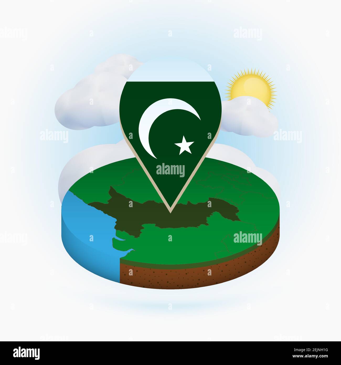 Isometric round map of Pakistan and point marker with flag of Pakistan ...