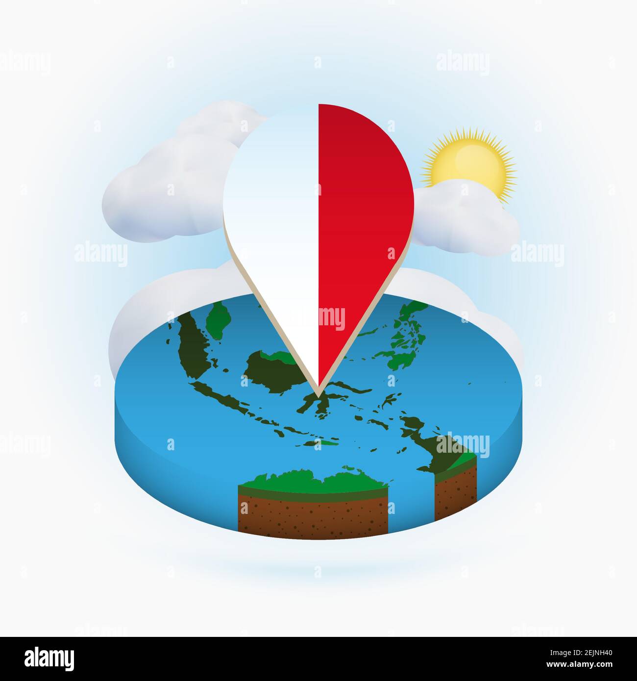 Isometric round map of Indonesia and point marker with flag of ...
