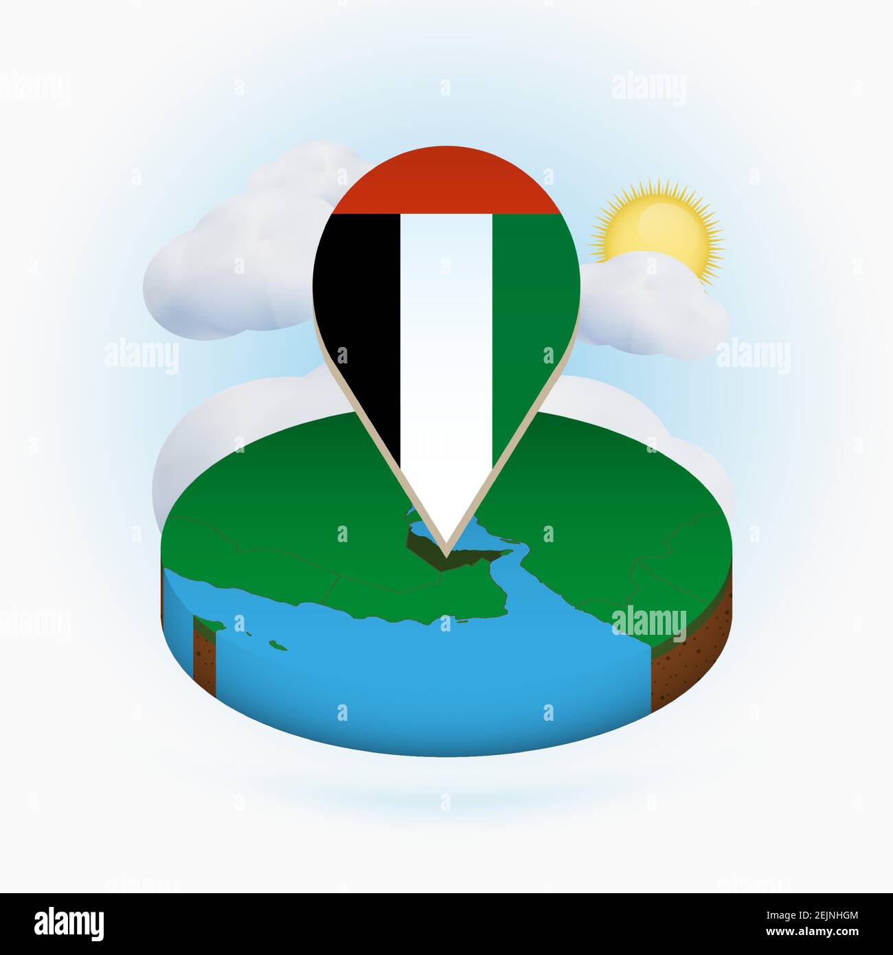 Isometric round map of United Arab Emirates and point marker with flag ...