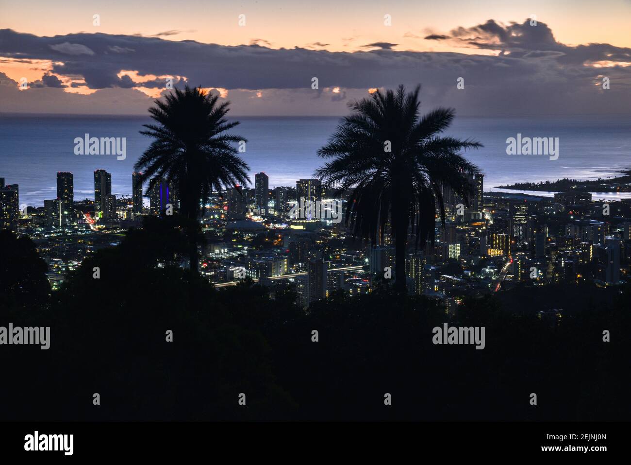 Spectacular skyline, high rise buildings and ocean, sunset view from ...