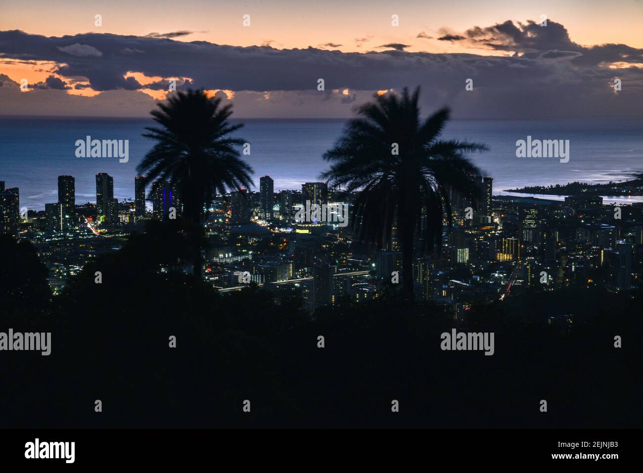 Spectacular skyline, high rise buildings and ocean, sunset view from ...