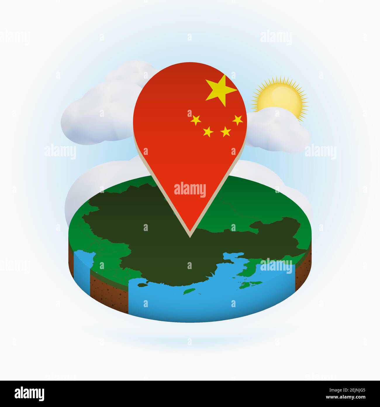 Isometric round map of China and point marker with flag of China. Cloud ...