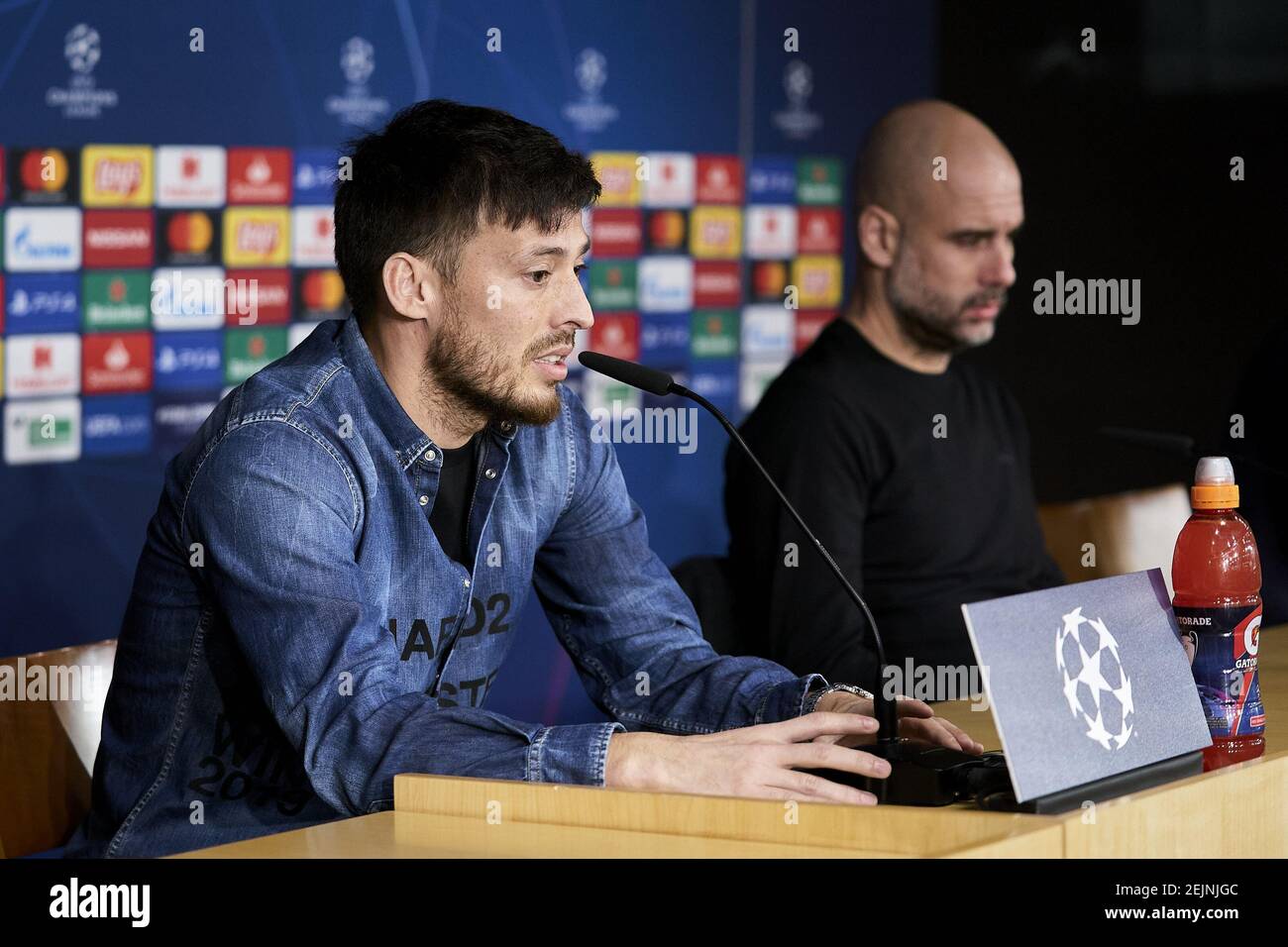 David Silva and Pep Guardiola coach of Manchester City attend the ...