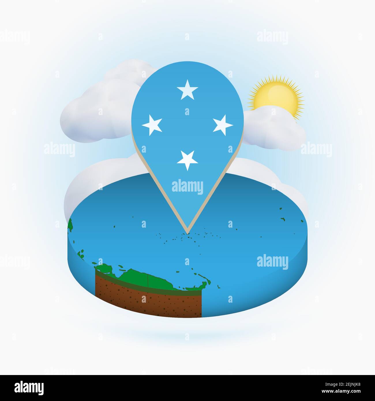 Isometric round map of Micronesia and point marker with flag of ...