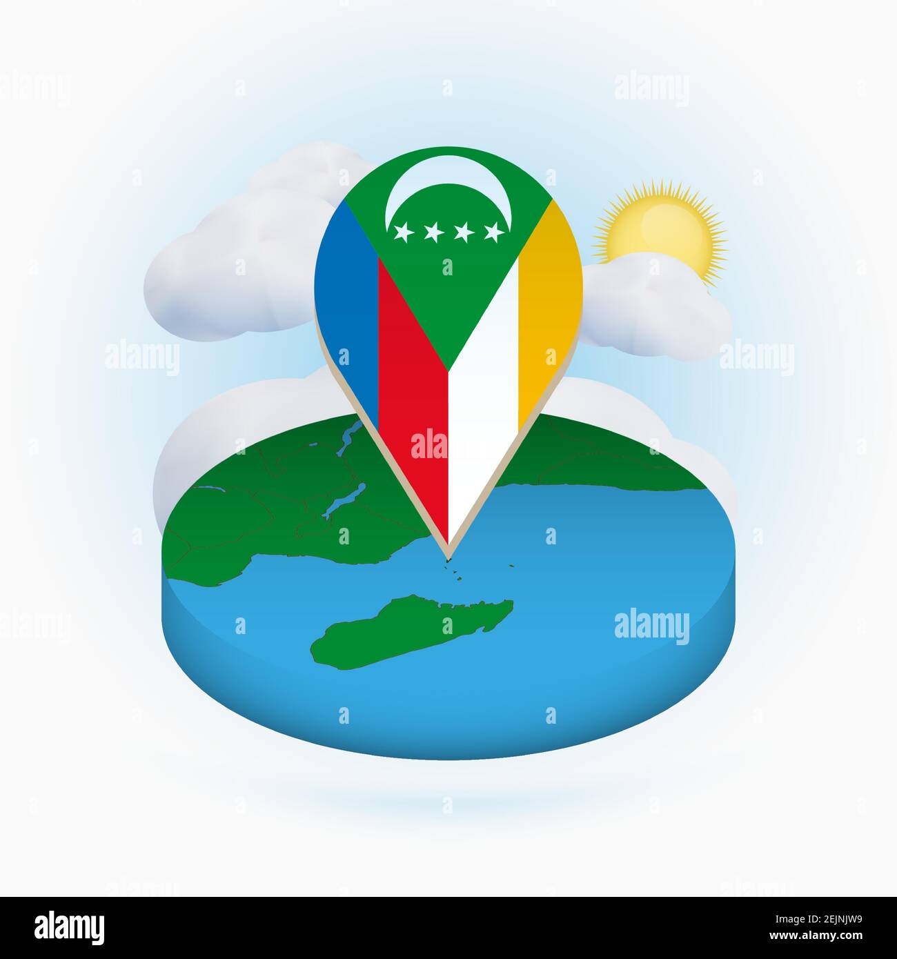 Isometric round map of Comoros and point marker with flag of Comoros ...