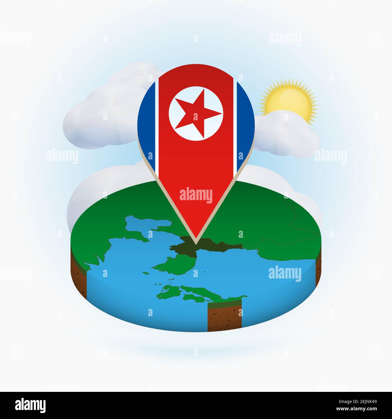 Isometric round map of North Korea and point marker with flag of North ...