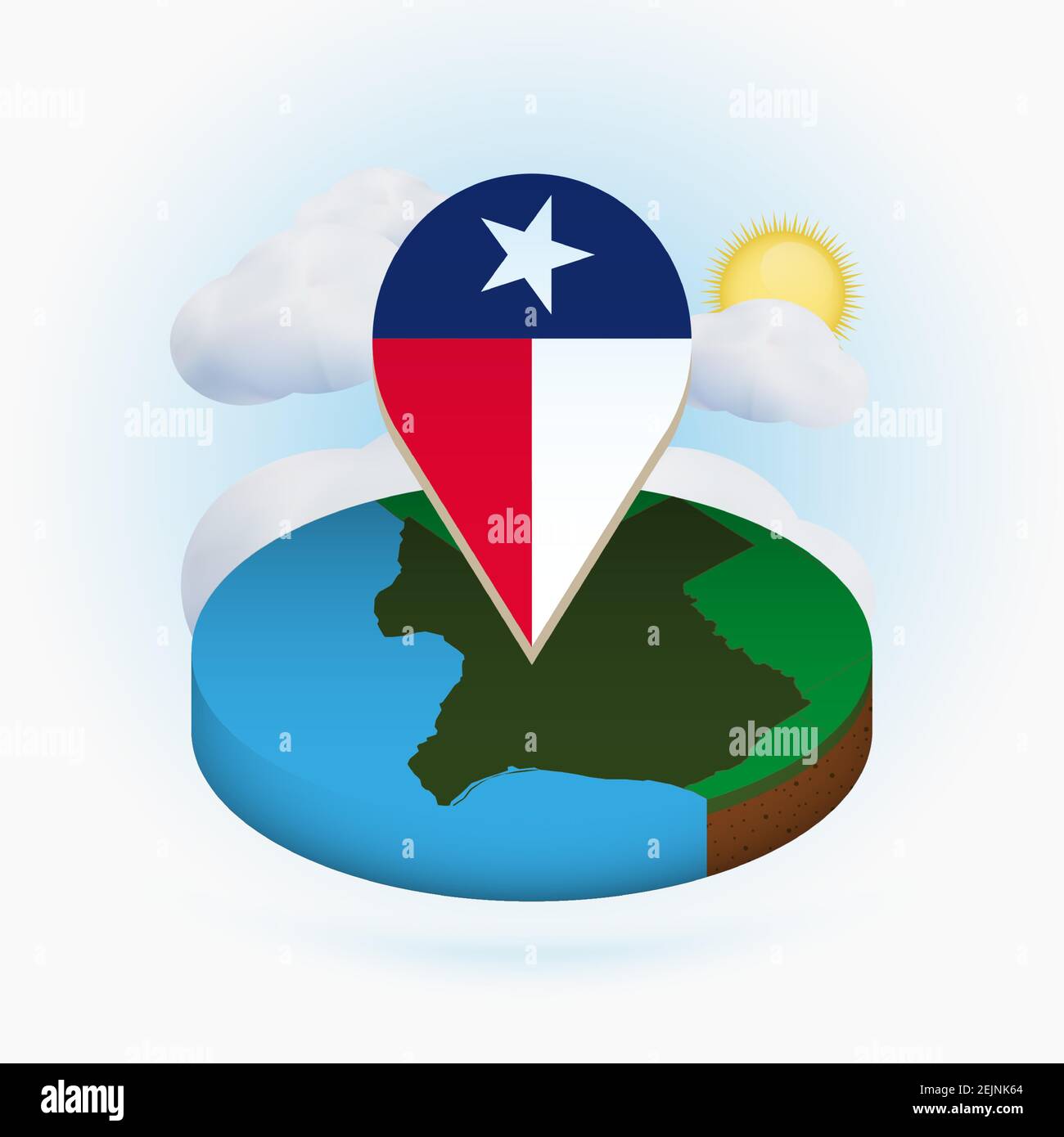 Isometric round map of US state Texas and point marker with flag of ...