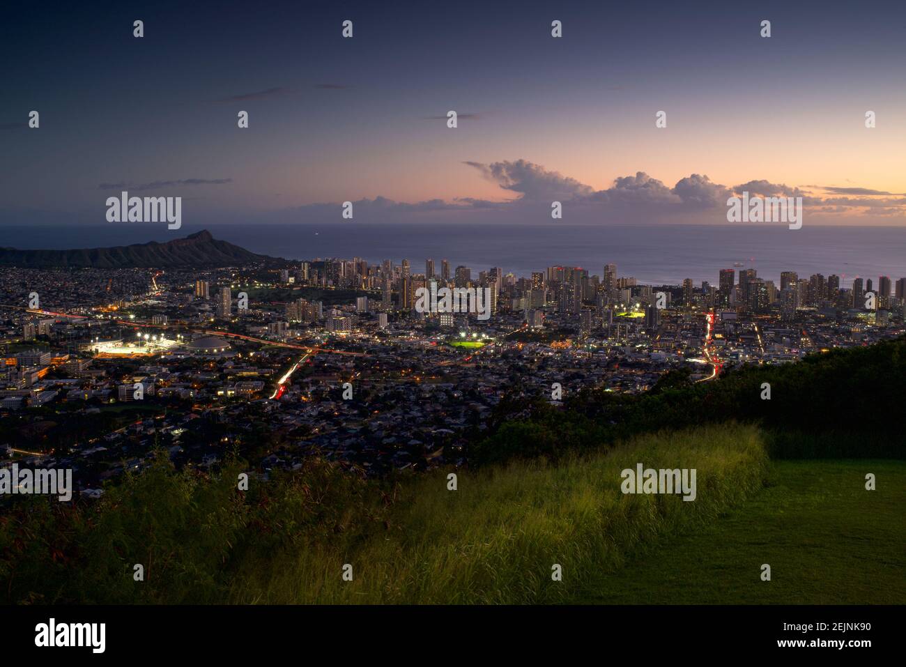 Spectacular skyline, high rise buildings and ocean, sunset view from ...