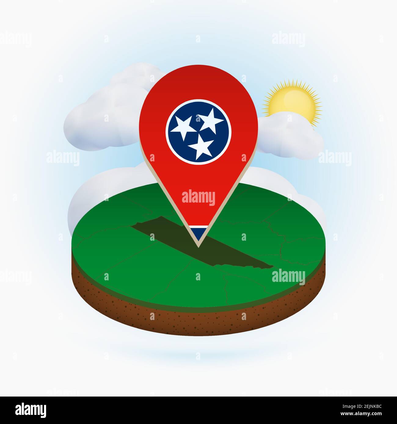 Isometric round map of US state Tennessee and point marker with flag of ...