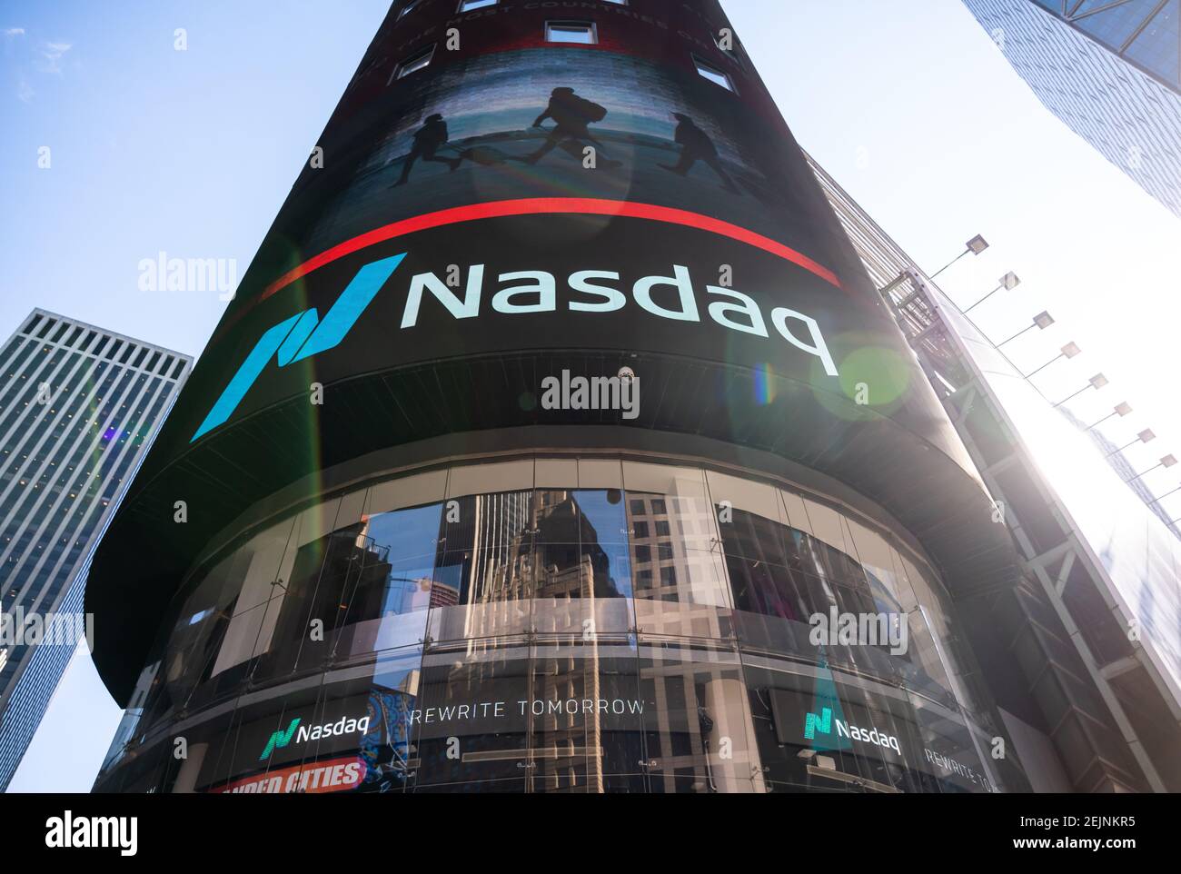 A logo of the Nasdaq Stock Market seen in Midtown Manhattan. (Photo by ...
