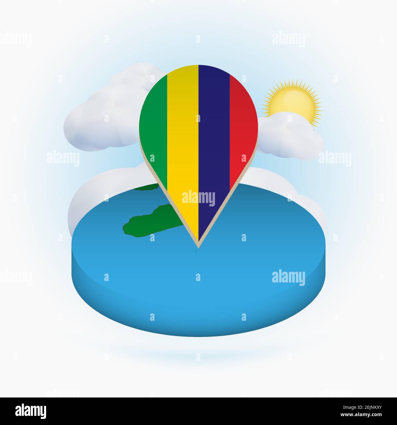 Isometric round map of Mauritius and point marker with flag of ...