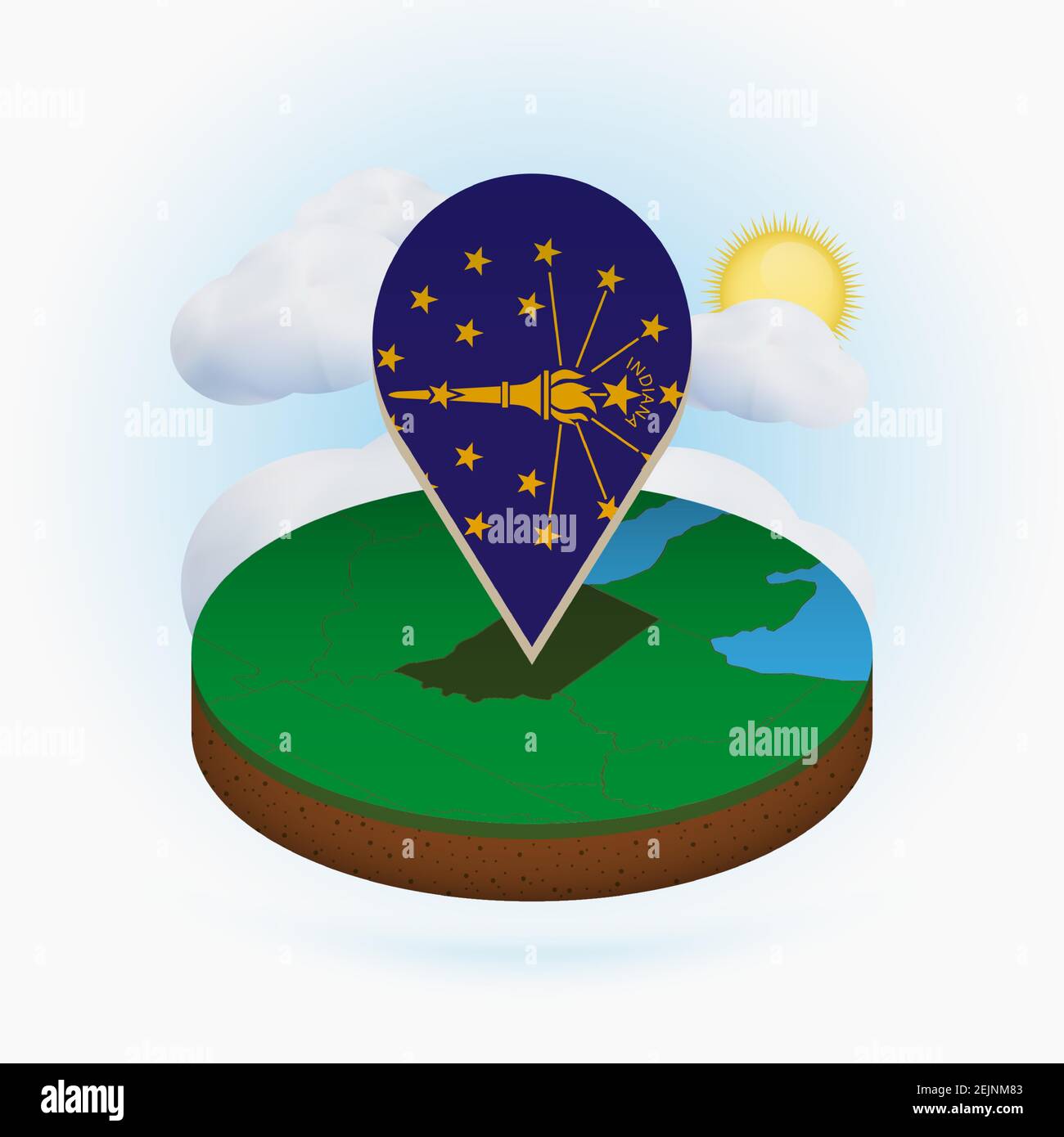 Isometric round map of US state Indiana and point marker with flag of ...