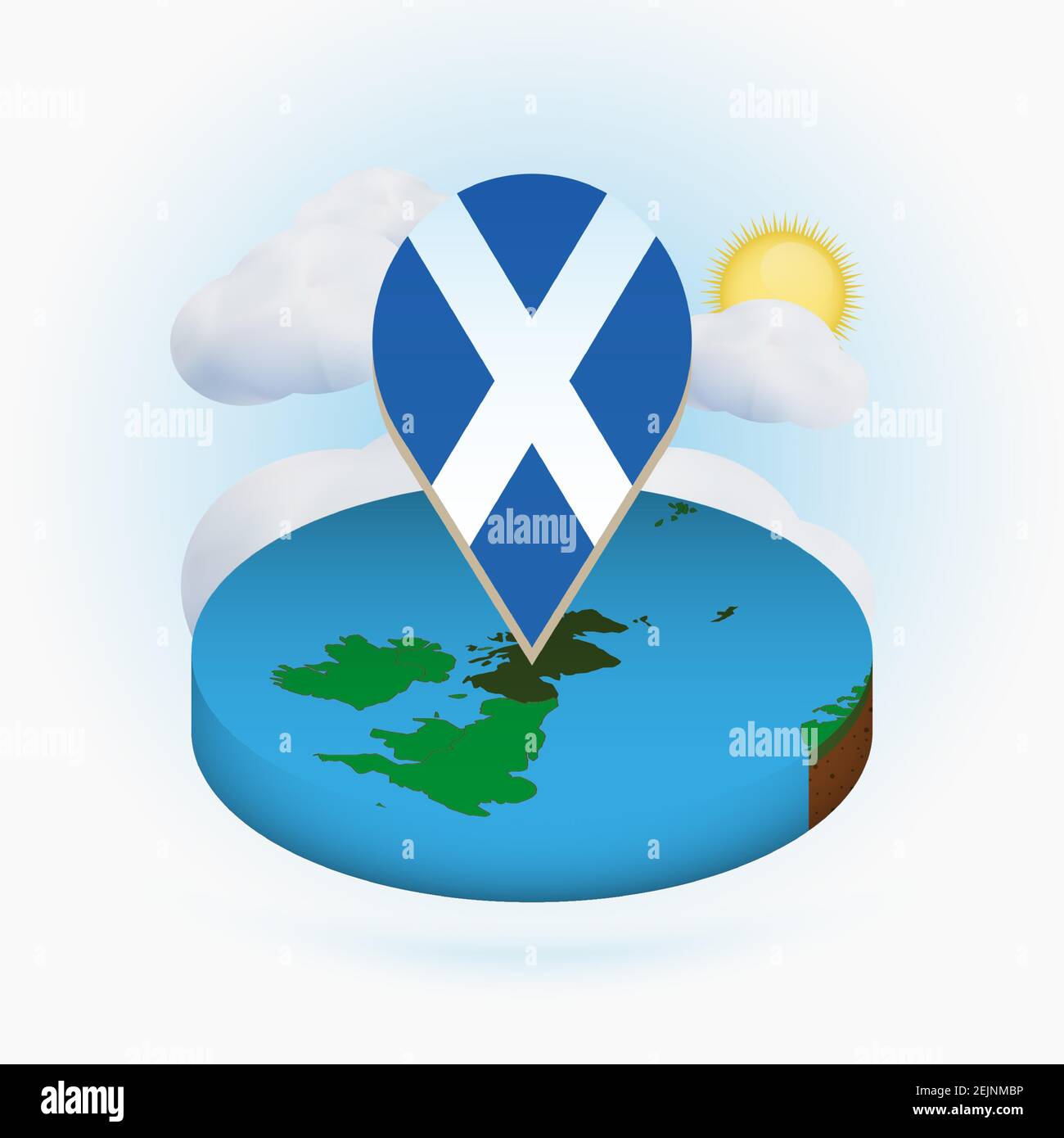 Isometric round map of Scotland and point marker with flag of Scotland ...