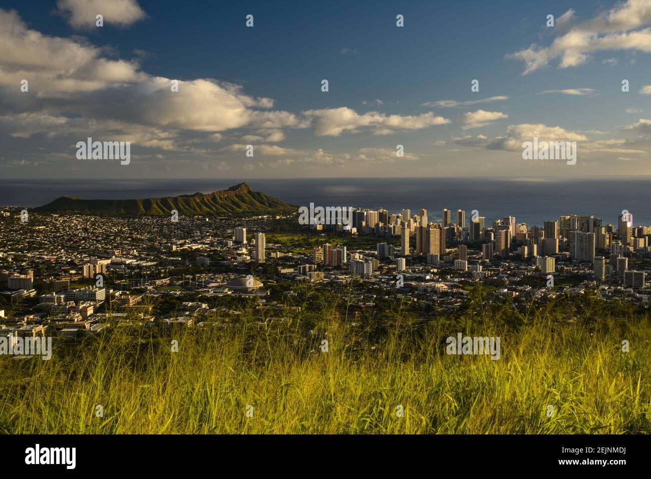 Spectacular Waikiki skyline, high rise buildings and ocean, view from ...