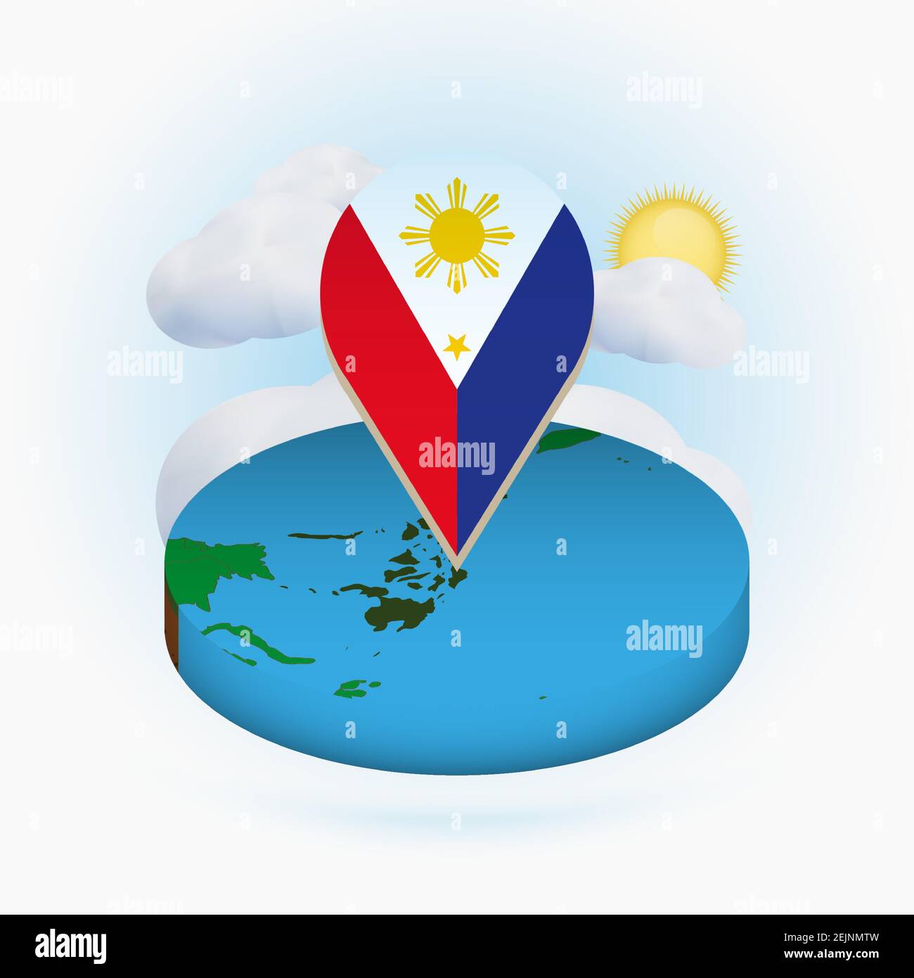 Isometric round map of Philippines and point marker with flag of ...