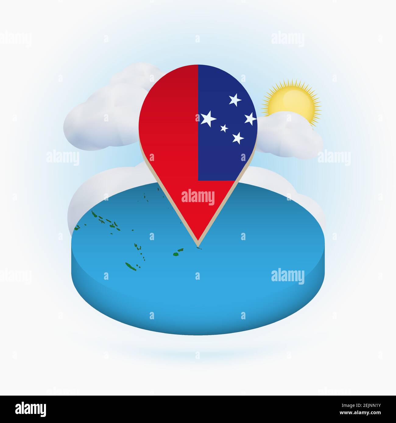 Isometric round map of Samoa and point marker with flag of Samoa. Cloud ...