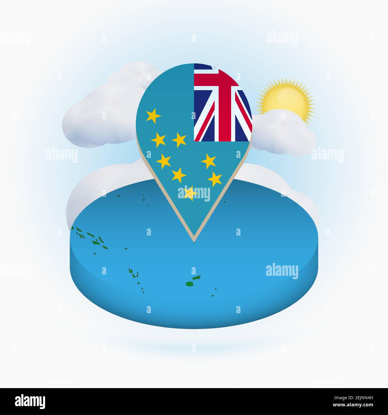 Isometric round map of Tuvalu and point marker with flag of Tuvalu. Cloud and sun on background ...