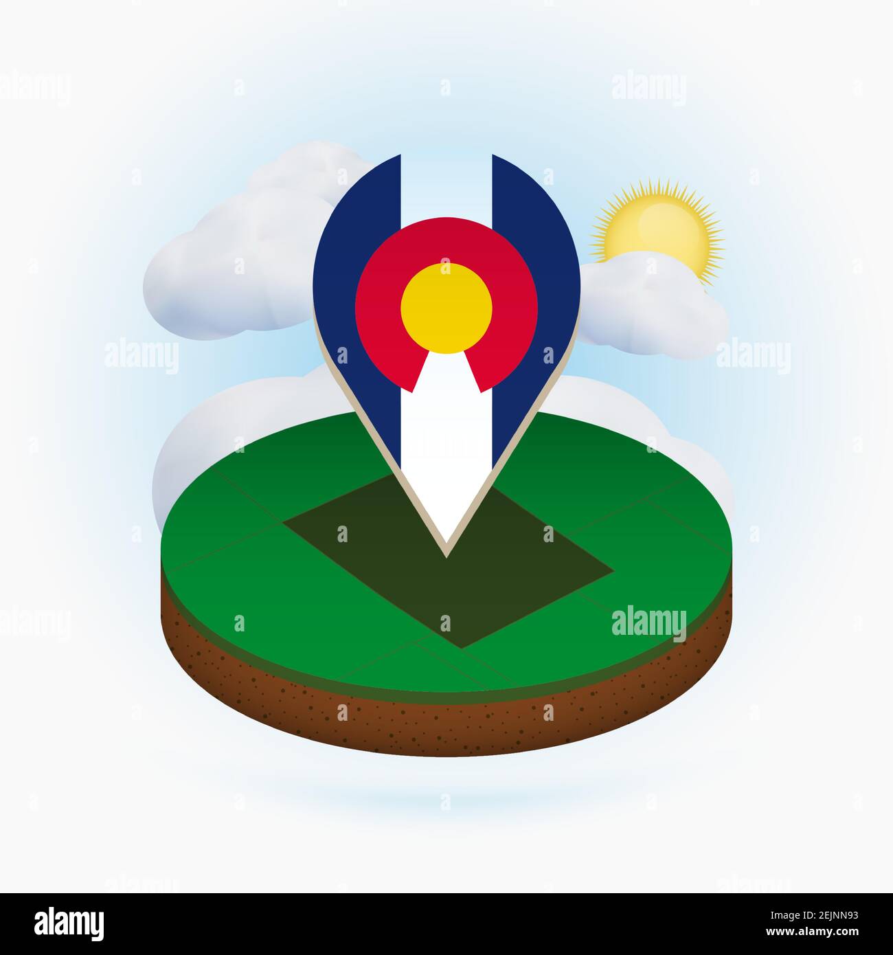 Isometric round map of US state Colorado and point marker with flag of ...