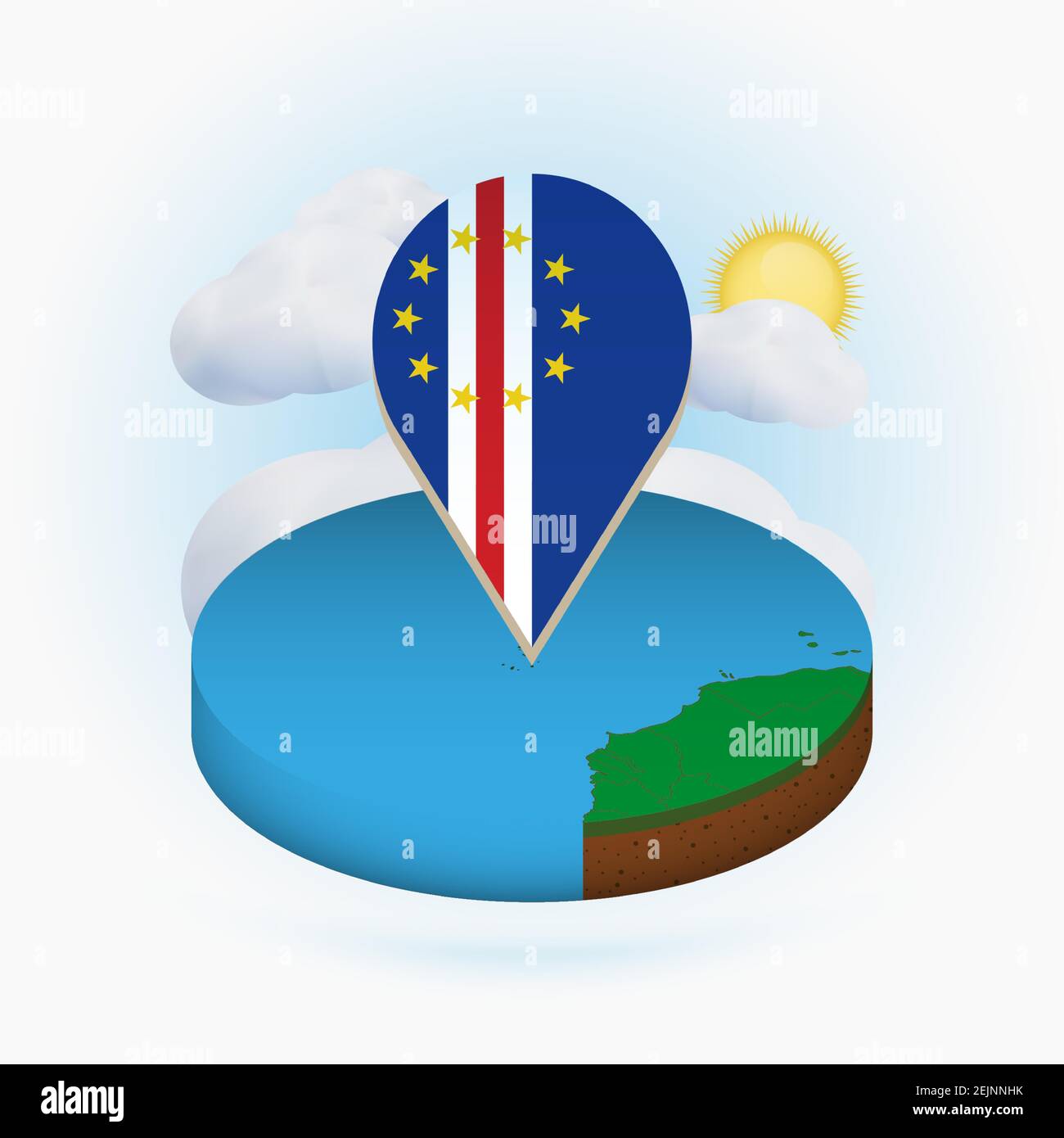 Isometric round map of Cape Verde and point marker with flag of Cape ...