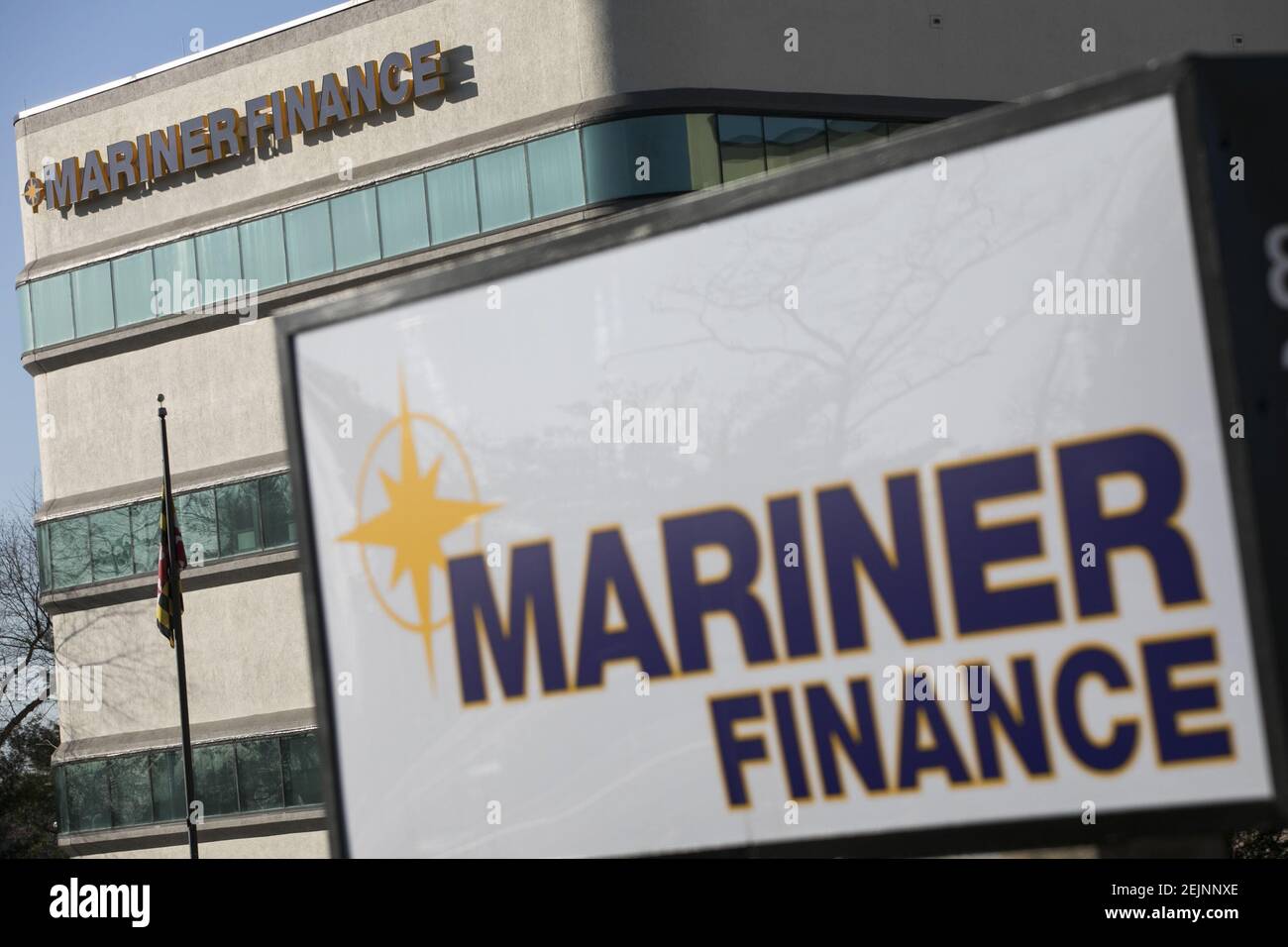 A logo sign outside of the headquarters of Mariner Finance in Baltimore ...