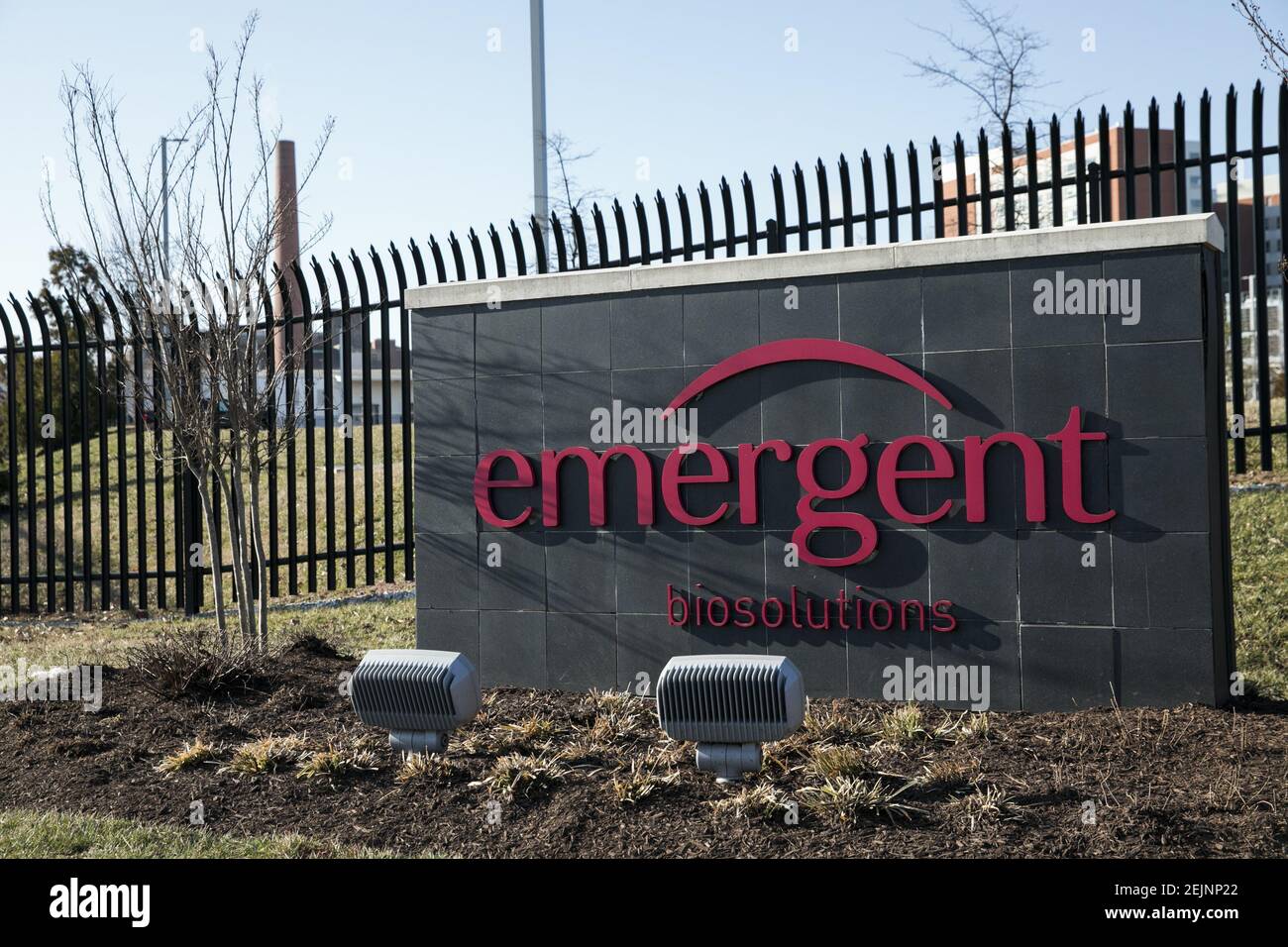 A logo sign outside of a facility occupied by Emergent BioSolutions in ...