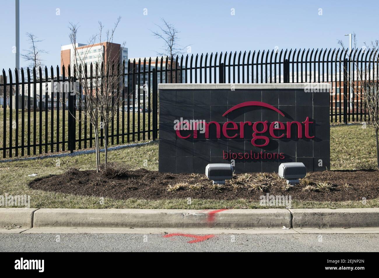 A logo sign outside of a facility occupied by Emergent BioSolutions in ...