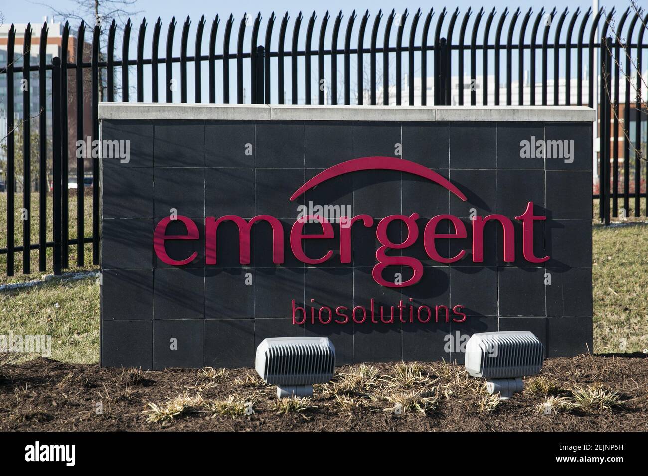 A logo sign outside of a facility occupied by Emergent BioSolutions in ...