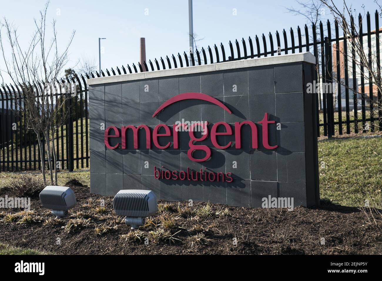 A logo sign outside of a facility occupied by Emergent BioSolutions in ...