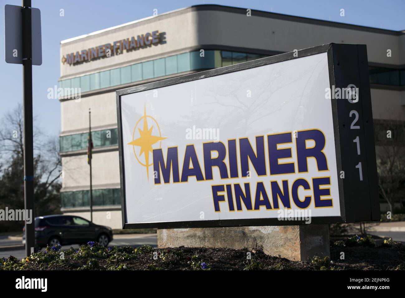 A logo sign outside of the headquarters of Mariner Finance in Baltimore ...