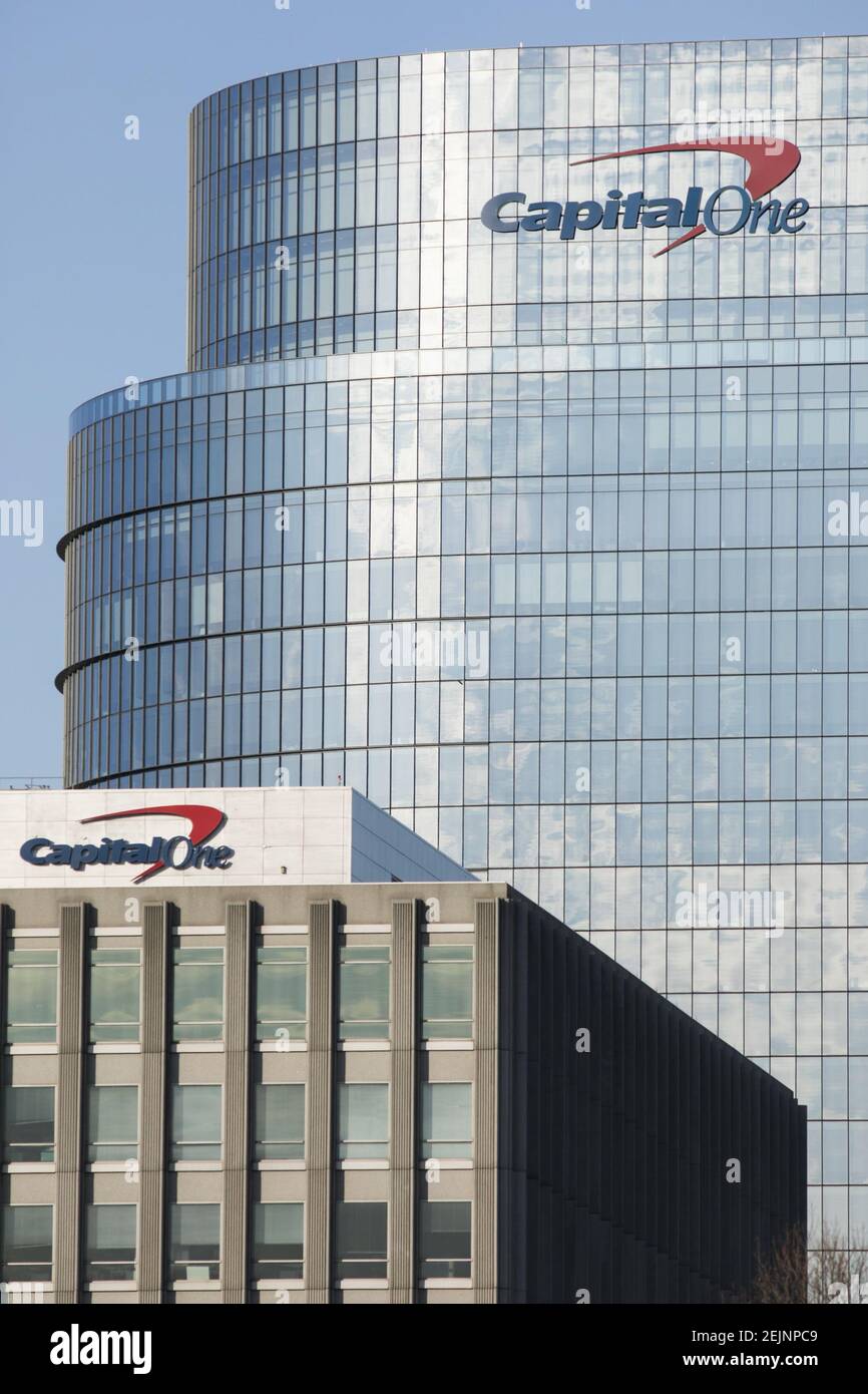 A logo sign outside of the headquarters of Capital One Financial ...