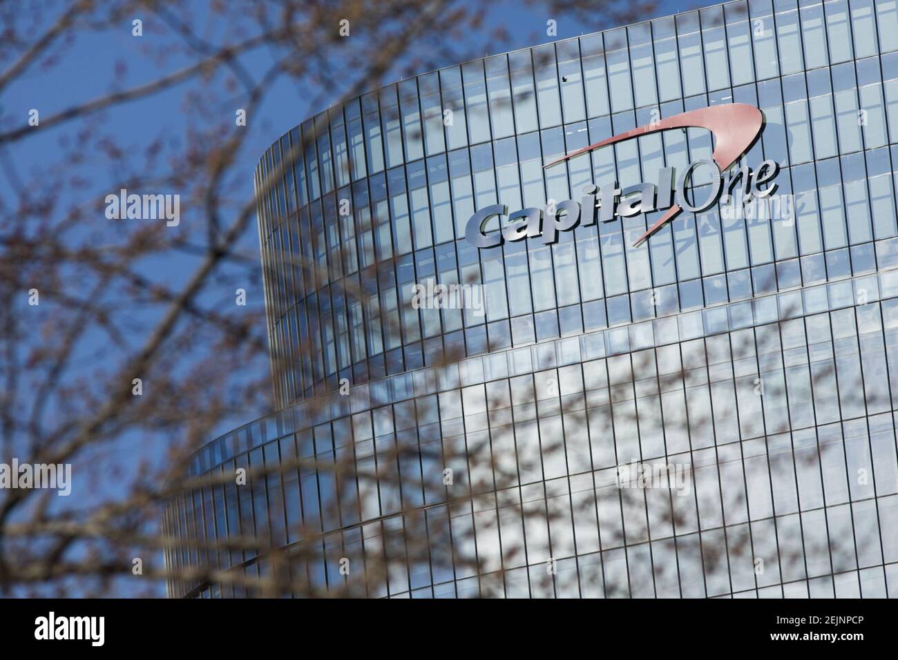 A logo sign outside of the headquarters of Capital One Financial ...