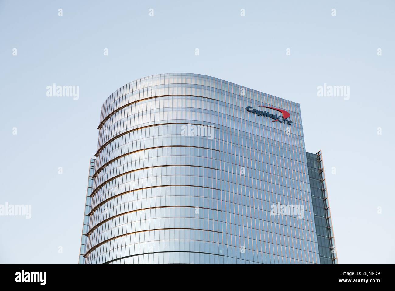 A logo sign outside of the headquarters of Capital One Financial ...