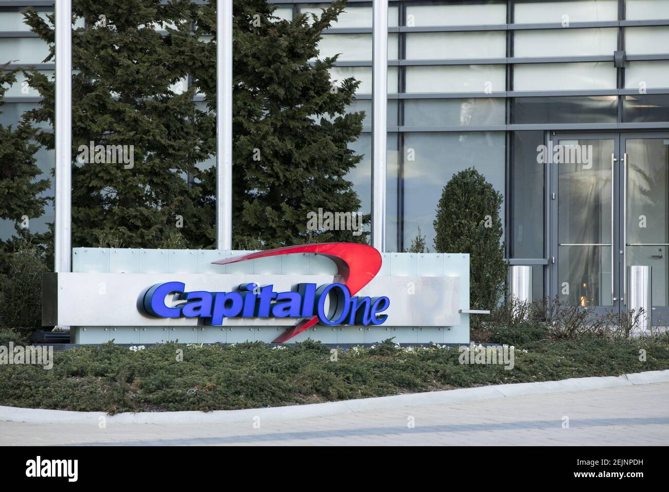 A logo sign outside of the headquarters of Capital One Financial ...