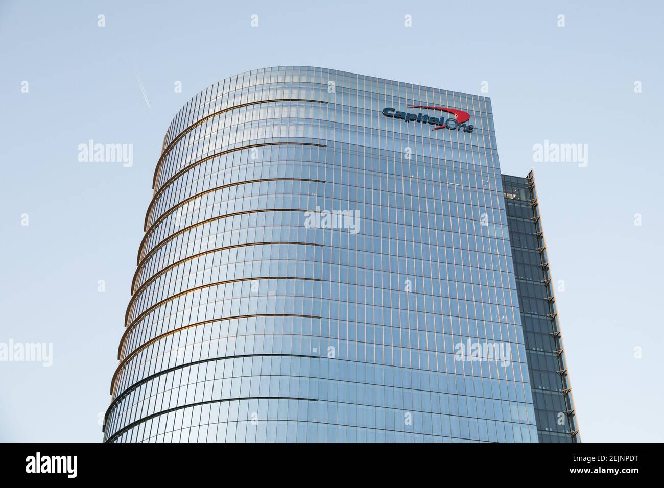 A logo sign outside of the headquarters of Capital One Financial ...