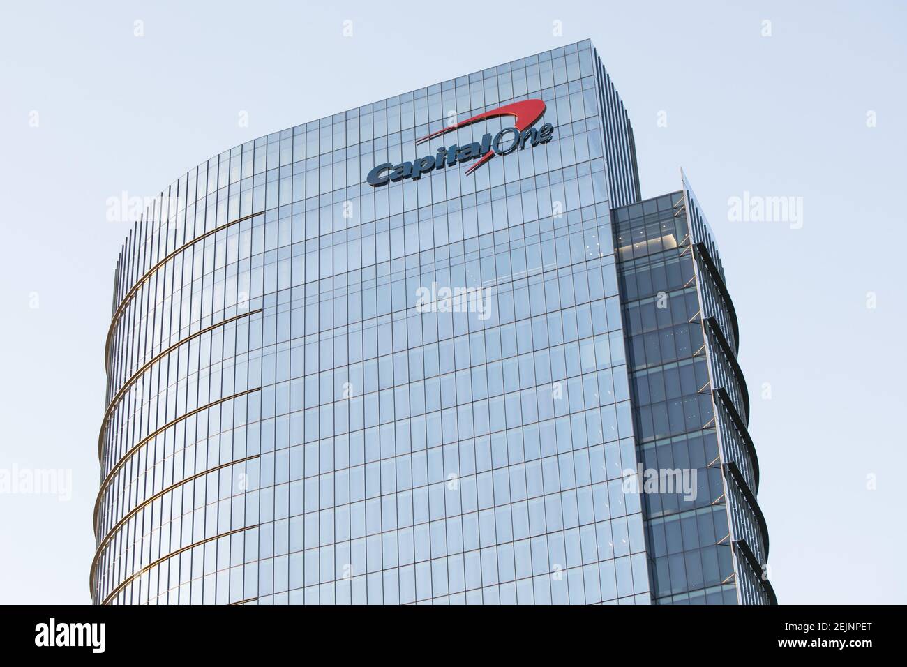 A logo sign outside of the headquarters of Capital One Financial ...