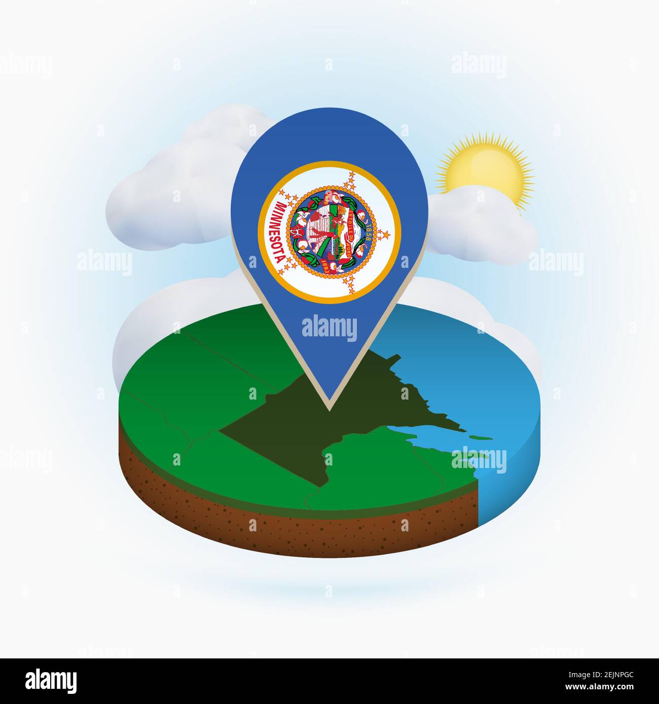 Isometric round map of US state Minnesota and point marker with flag of ...