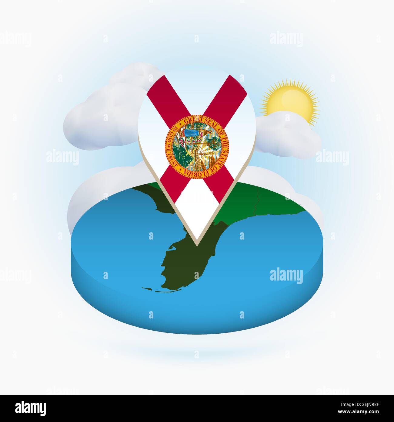 Isometric round map of US state Florida and point marker with flag of ...