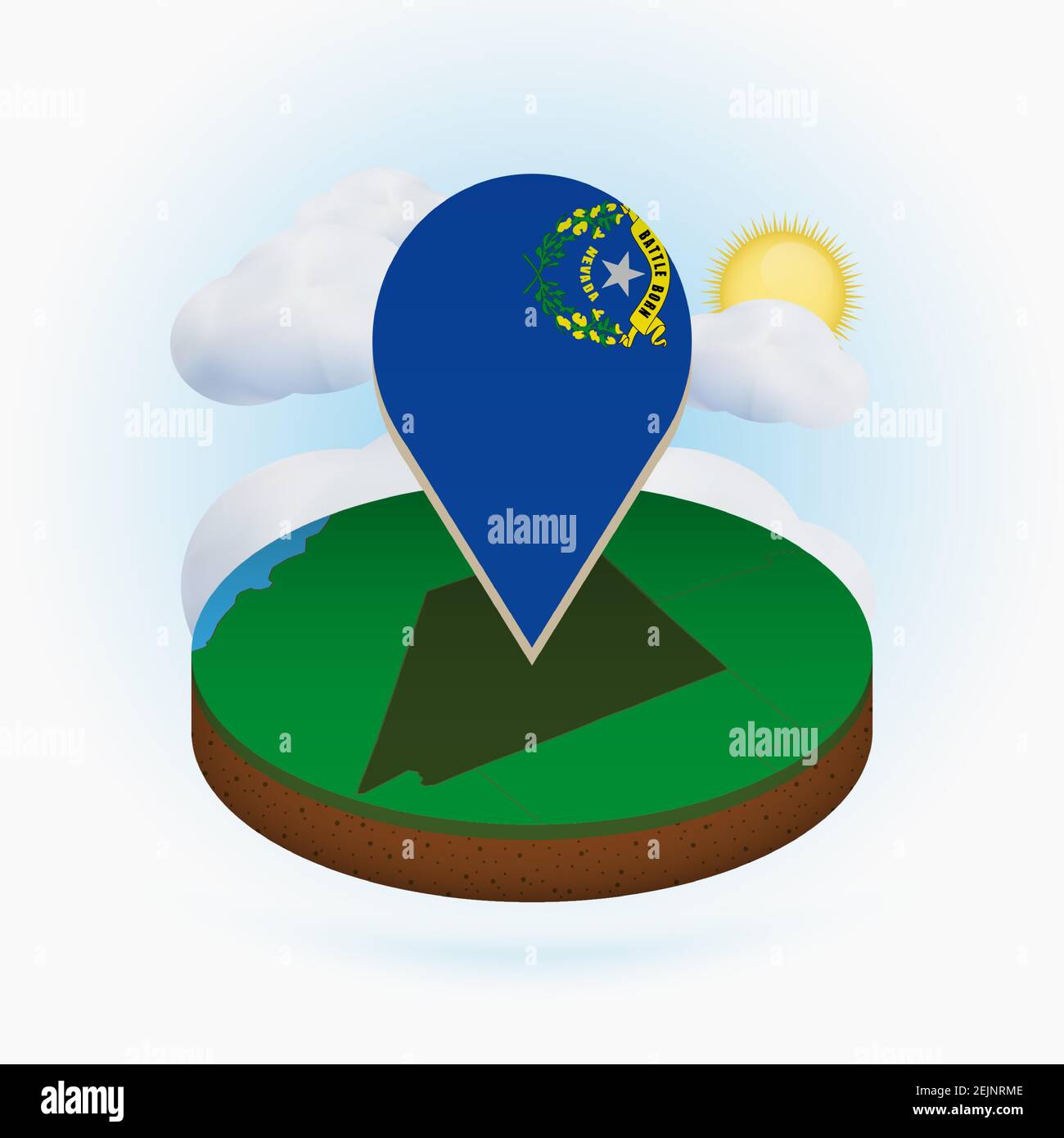 Isometric round map of US state Nevada and point marker with flag of ...