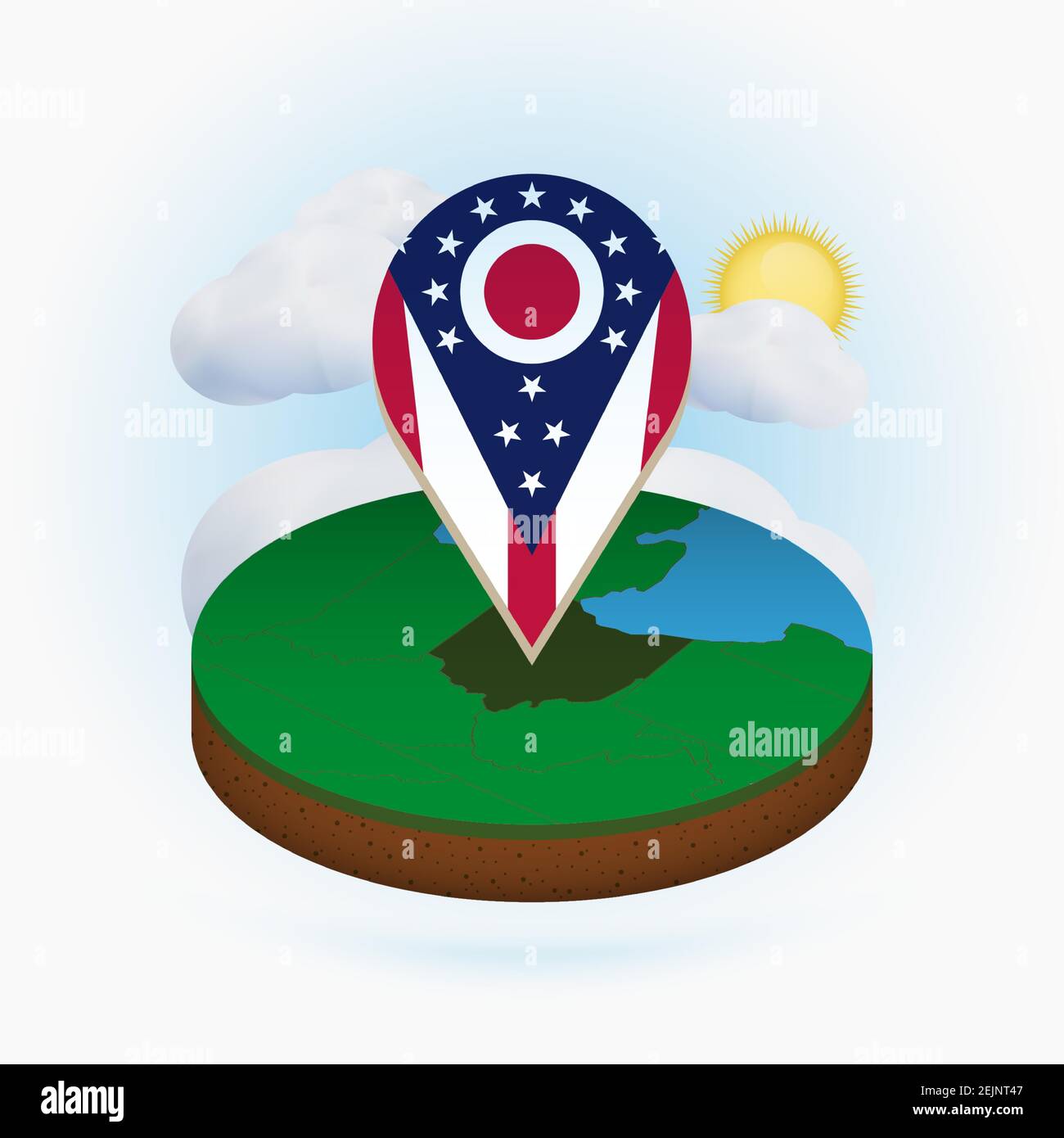 Isometric round map of US state Ohio and point marker with flag of Ohio ...
