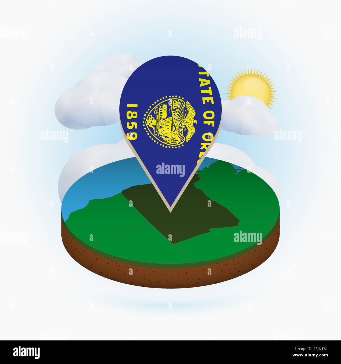 Isometric round map of US state Oregon and point marker with flag of ...