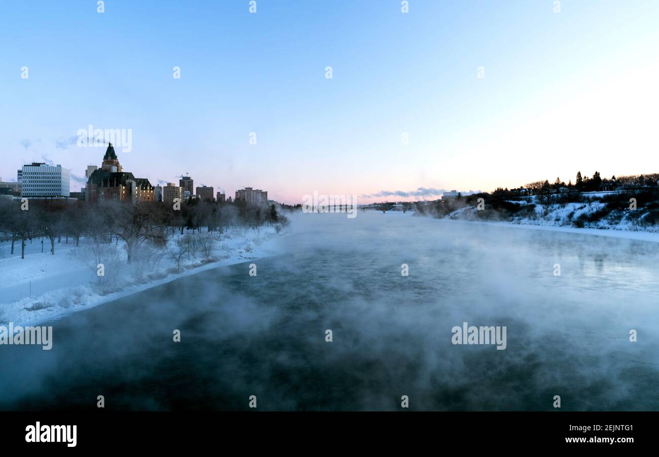 Freezing winter conditions over Saskatchewan River and downtown Skyline ...