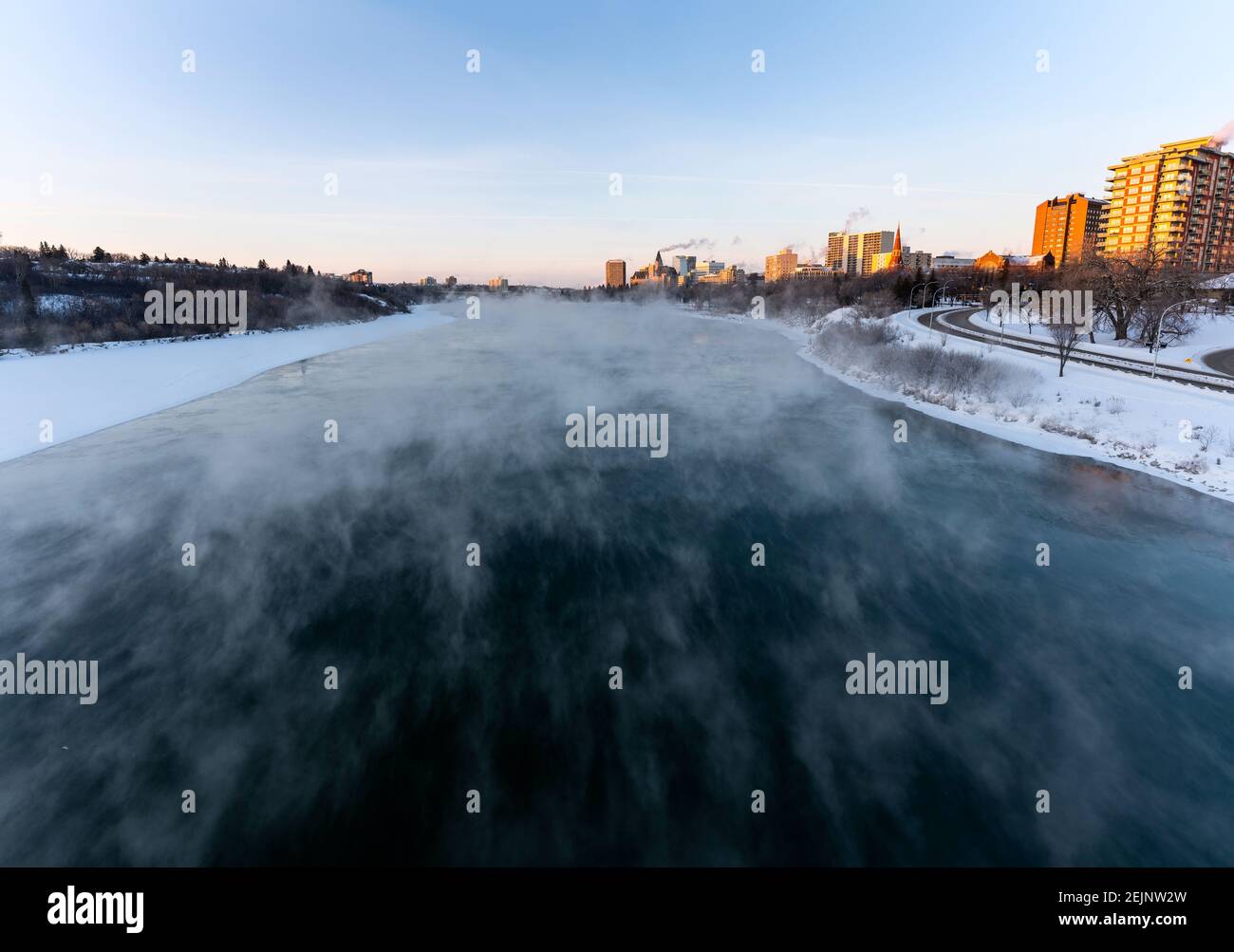 Freezing winter conditions over Saskatchewan River and downtown Skyline ...