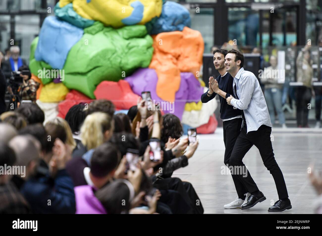 Designers Sebastien Meyer and Arnaud Vaillant walks on the runway at ...