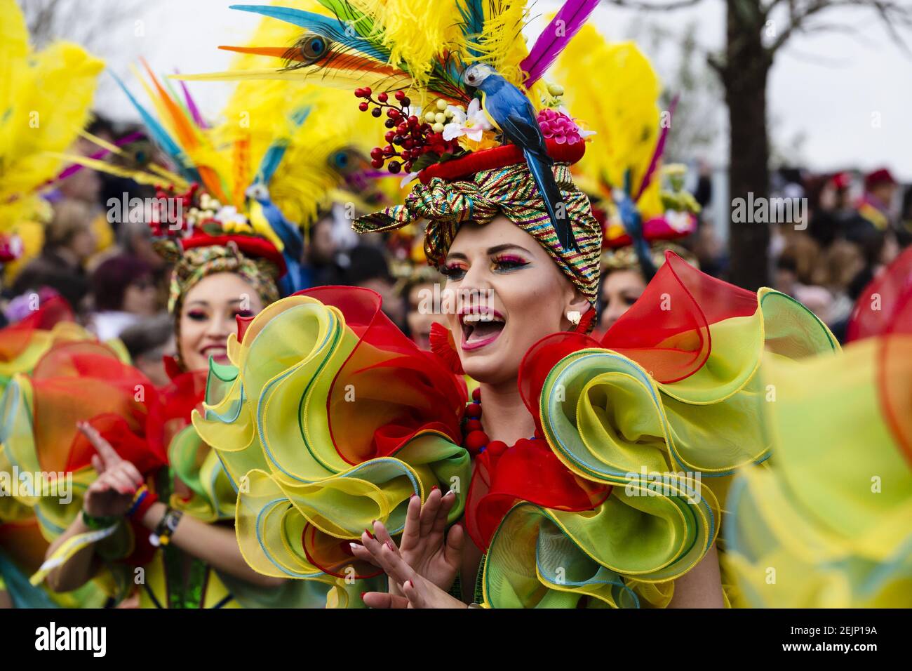 A dancer performs during the carnival Carnival parade in Ovar is one of ...